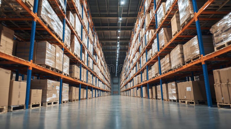Large Warehouse with High Shelves Filled with Stacked Boxes Stock Image ...