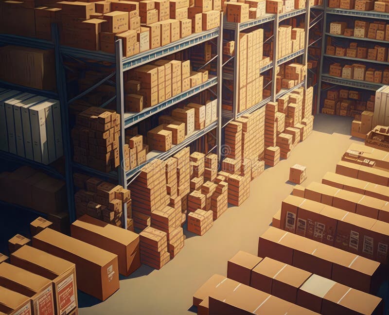 Large Warehouse Inside, Boxes are on the Shelves. Stock Illustration ...