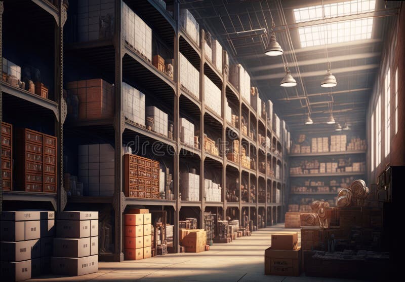 Large Warehouse Inside, Boxes are on the Shelves. Stock Illustration ...