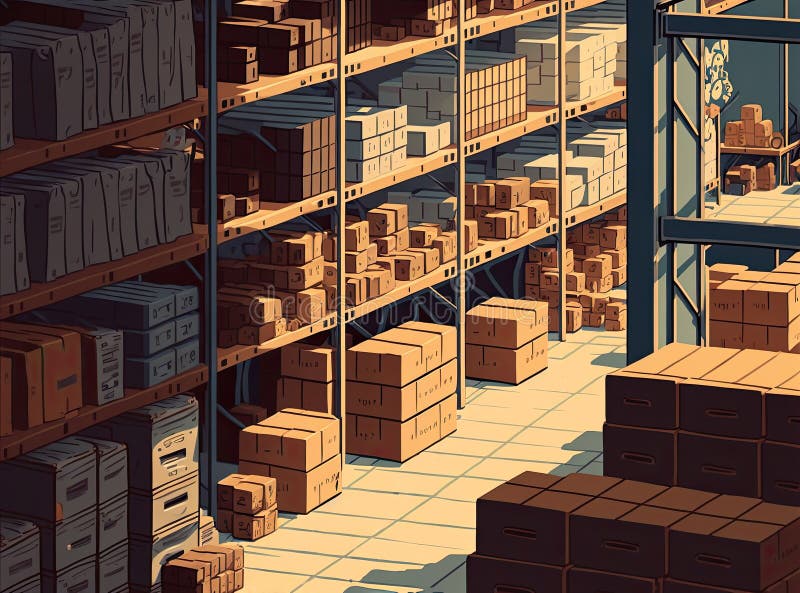 Large Warehouse Inside, Boxes are on the Shelves. Stock Illustration ...