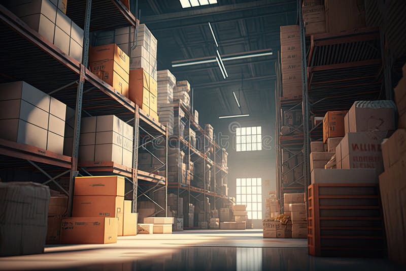 Large Warehouse Inside, Boxes are on the Shelves. Stock Illustration ...