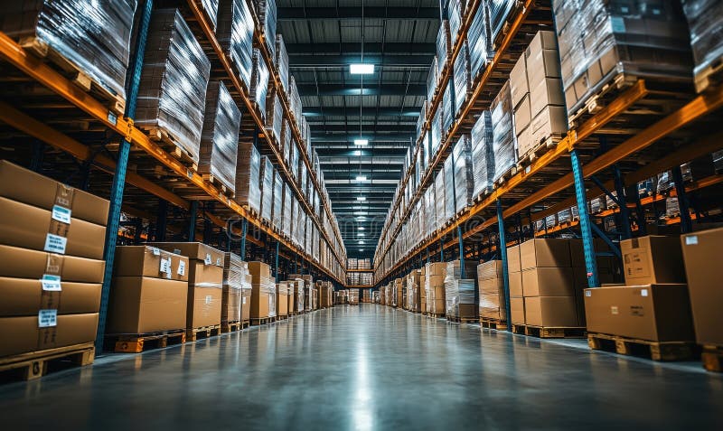 Large Warehouse Interior with Organized Rows of Stacked Cardboard Boxes ...