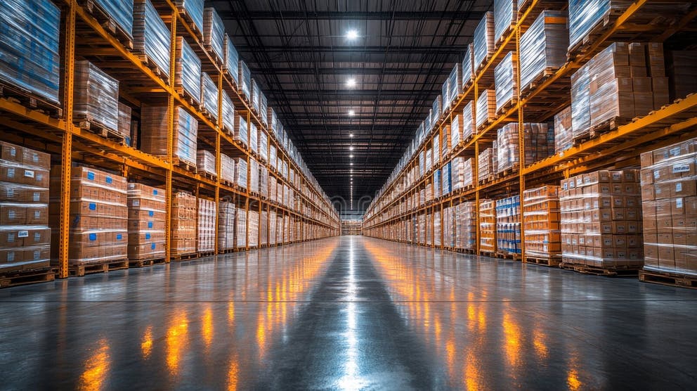Large Warehouse Interior with Organized Stacks of Goods and Clear ...