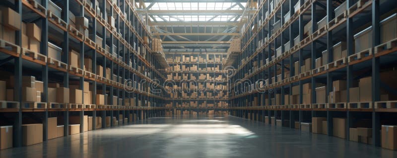 Large Warehouse Interior with Rows of Shelves and Boxes, Industrial ...