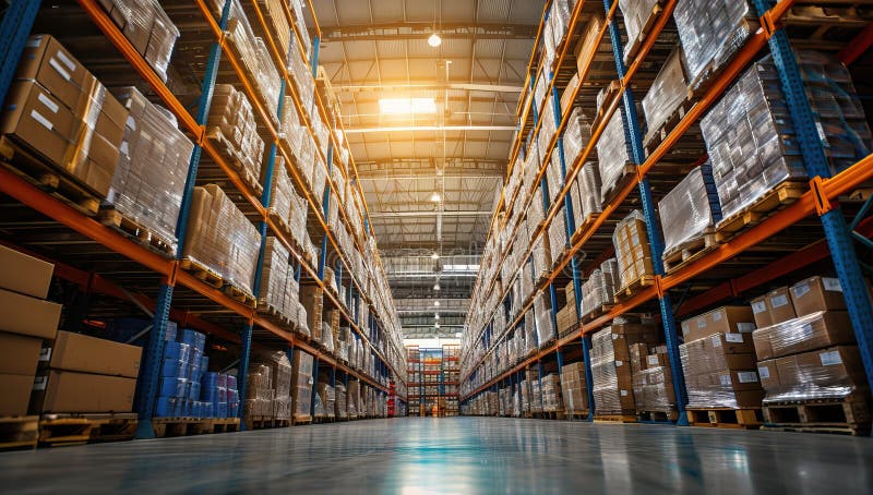 Large Warehouse Interior with Rows of Shelves Filled with Boxes Stock ...