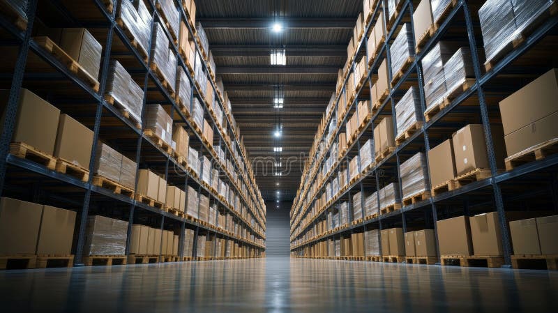 Large Warehouse Interior with Rows of Stacked Boxes and Shelving Units ...