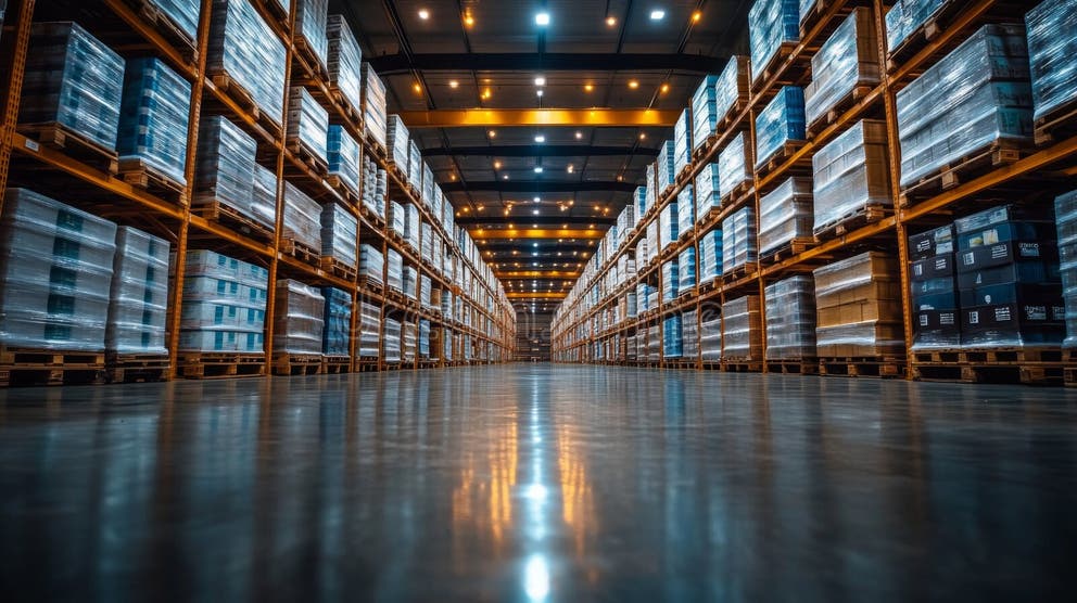 Large Warehouse Interior Showcasing Organized Pallets of Inventory in a ...