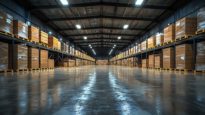Large Warehouse Interior with Stacked Boxes and Polished Floor Stock ...