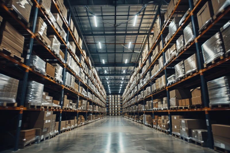 A Large Warehouse with Many Boxes on the Shelves Stock Image - Image of ...