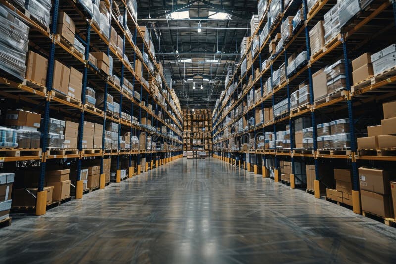 A Large Warehouse with Many Boxes Stacked on Shelves Stock Image ...