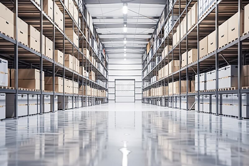 A Large Warehouse with Many Boxes Stacked on Shelves Stock Image ...