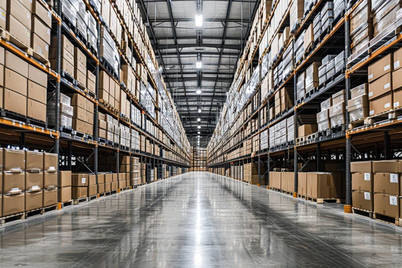 A Large Warehouse with Many Boxes Stacked on Shelves Stock Image ...