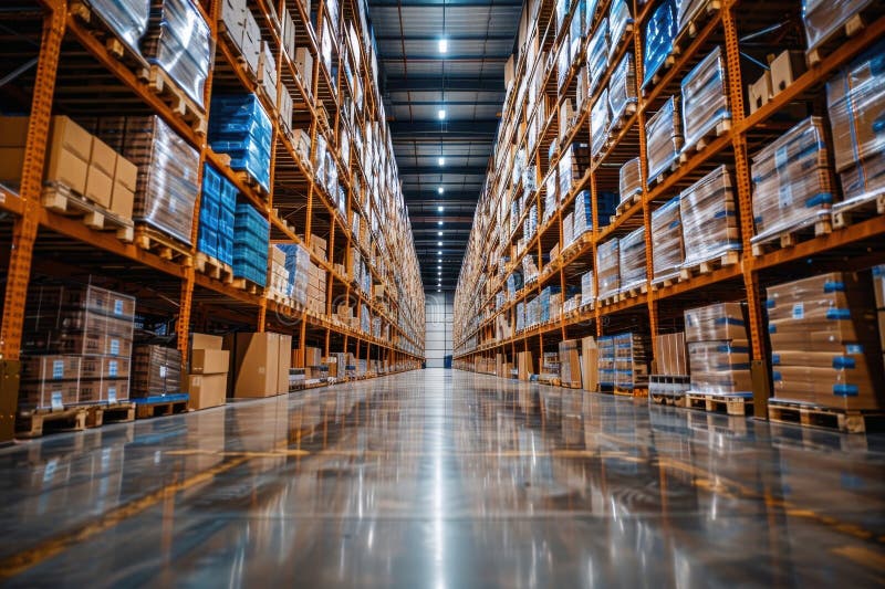 A Large Warehouse with Many Boxes Stacked on Shelves Stock Image ...