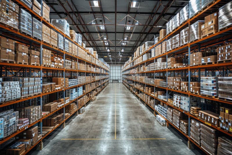 A Large Warehouse with Many Boxes Stacked on Shelves Stock Image ...