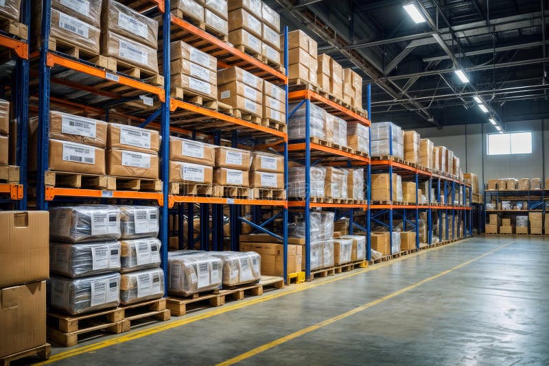 A Large Warehouse with Many Boxes Stacked on Shelves Stock Illustration ...