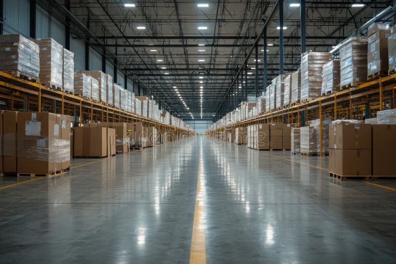 A Warehouse with Many Boxes Stacked on Shelves Stock Photo - Image of ...