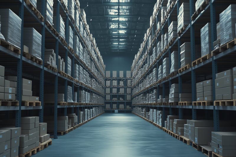 A Large Warehouse with Many Boxes Stacked on Shelves Stock Photo ...