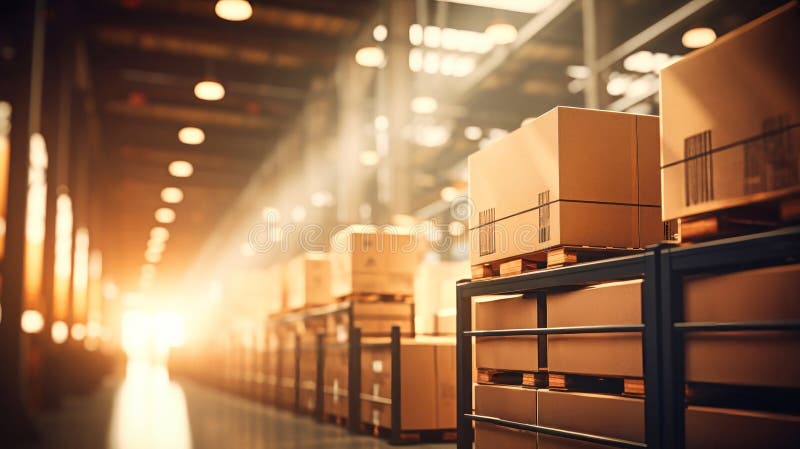 Large Warehouse with Many Goods. Rows of Shelves with Boxes. Logistics ...