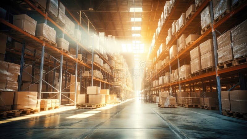 Large Warehouse with Many Goods. Rows of Shelves with Boxes. Logistics ...