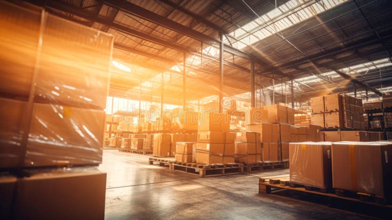 Large Warehouse with Many Goods. Rows of Shelves with Boxes. Logistics ...