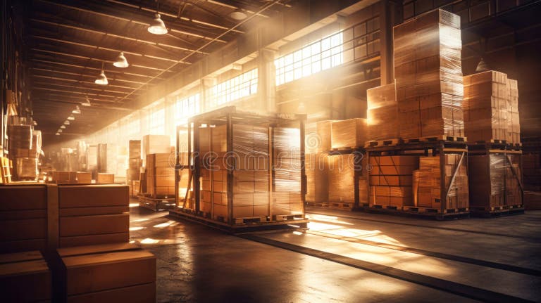 Large Warehouse with Many Goods. Rows of Shelves with Boxes. Logistics ...