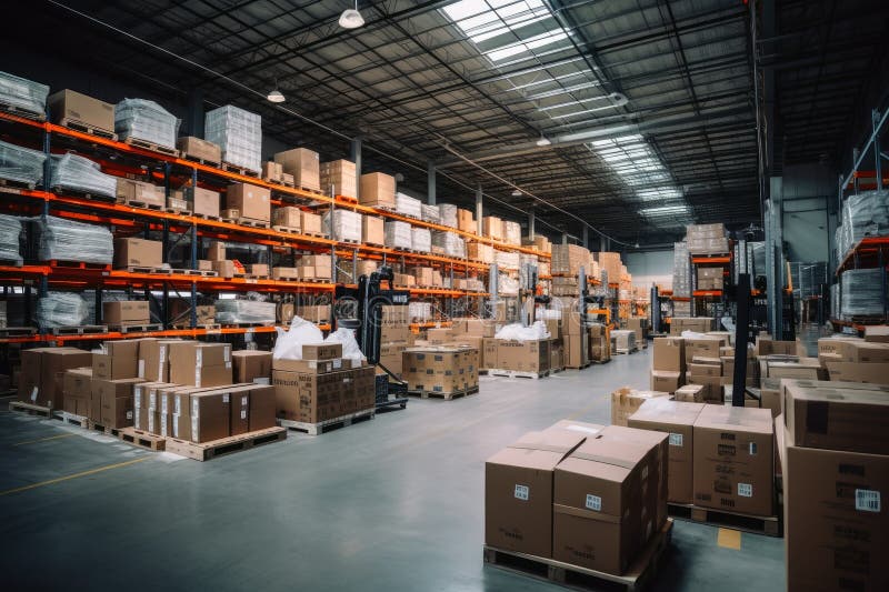 A Large Warehouse with Many Items and Rows of Shelves with Many Boxes ...