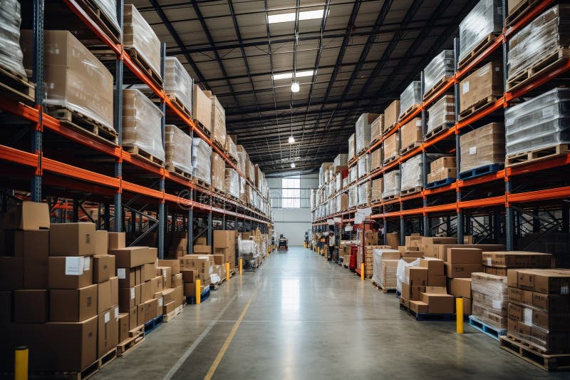 A Large Warehouse with Many Items and Rows of Shelves with Many Boxes ...
