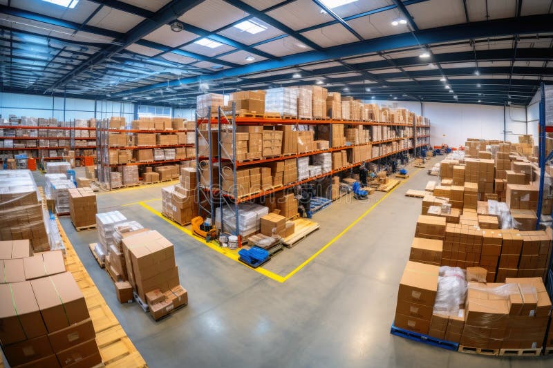 A Large Warehouse with Many Items and Rows of Shelves with Many Boxes ...
