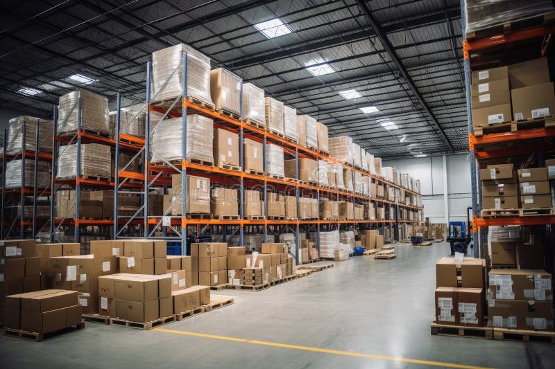 A Large Warehouse with Many Items and Rows of Shelves with Many Boxes ...