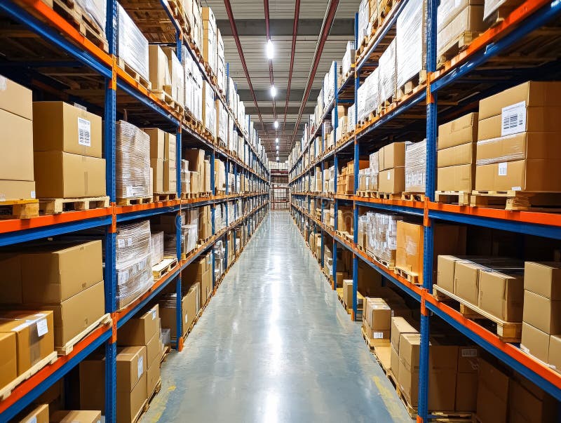 A Large Warehouse with Many Boxes Stacked on Shelves Stock Image ...