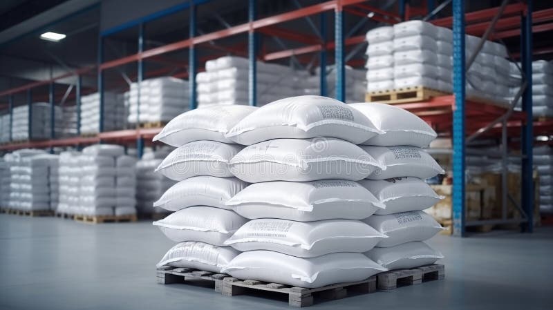Rows of Stacked White Bags in Modern Warehouse Stock Image - Image of ...