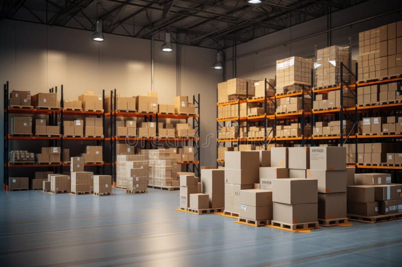 A Large Warehouse with Multiple Stacks of Boxes, Parcels, and a ...