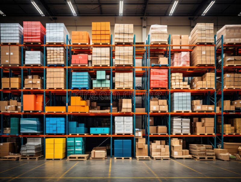 A Large Warehouse with Multiple Stacks of Boxes, Parcels, and a ...