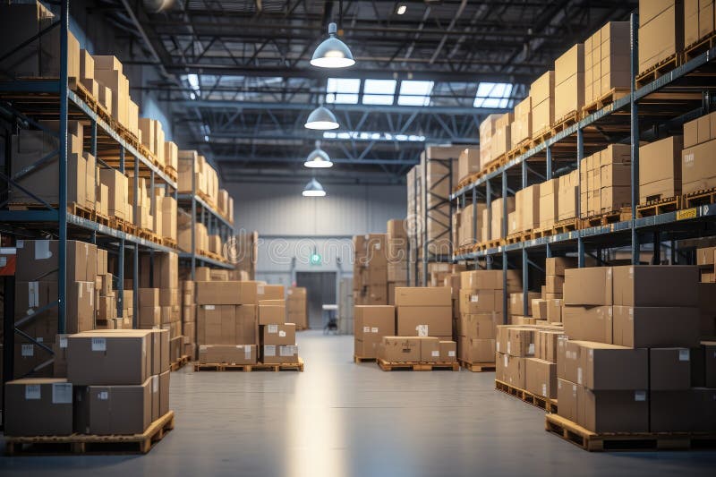 A Large Warehouse with Multiple Stacks of Boxes, Parcels, and a ...