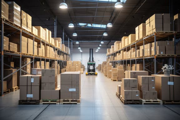 A Large Warehouse with Multiple Stacks of Boxes, Parcels, and a ...