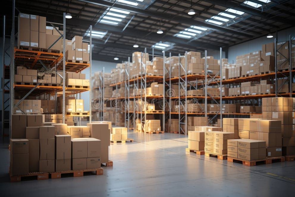 A Large Warehouse with Multiple Stacks of Boxes, Parcels, and a ...