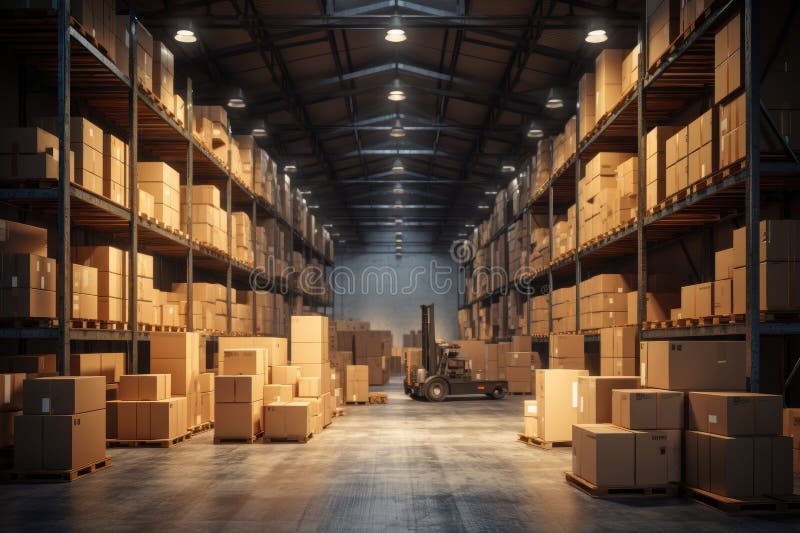 A Large Warehouse with Multiple Stacks of Boxes, Parcels, and a ...