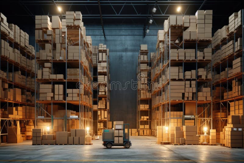 A Large Warehouse with Multiple Stacks of Boxes, Parcels, and a ...