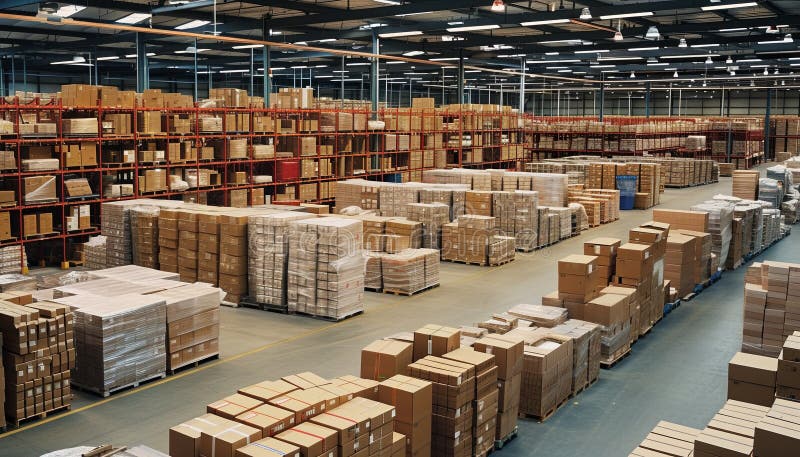 A Large Warehouse with Multiple Stacks of Boxes, Parcels Stock ...