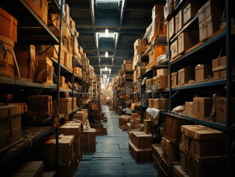 A Large Warehouse with Multiple Stacks of Boxes, Parcels, and ...
