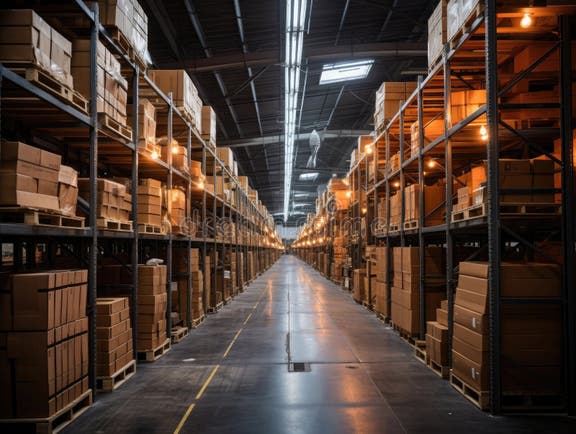 A Large Warehouse with Multiple Stacks of Boxes, Parcels, and ...
