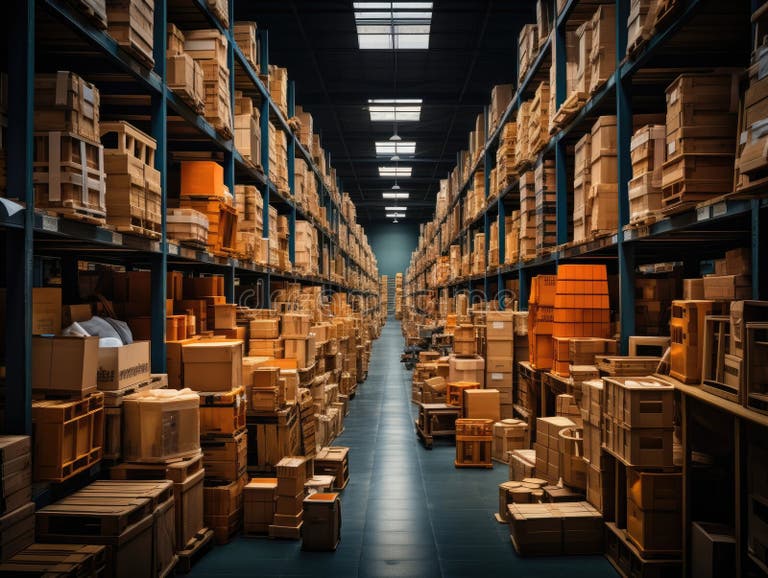 A Large Warehouse with Multiple Stacks of Boxes, Parcels, and ...