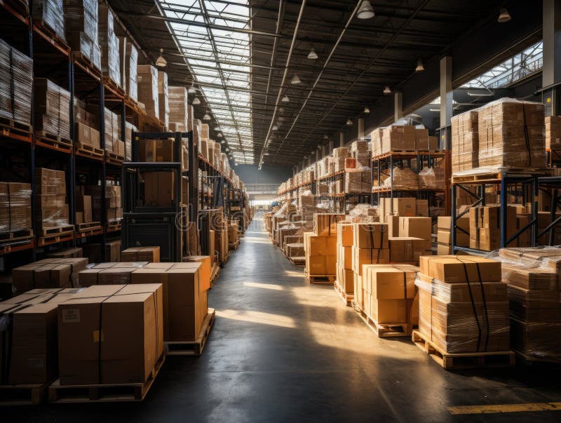 A Large Warehouse with Many Boxes Stacked on Shelves Stock Image ...