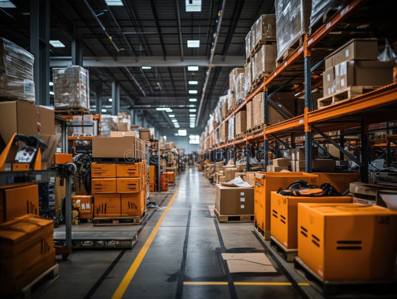 A Large Warehouse with Multiple Stacks of Parcels and Merchandise, Long ...
