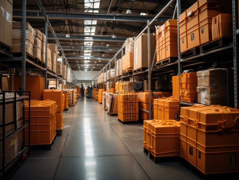A Large Warehouse with Multiple Stacks of Parcels and Merchandise, Long ...