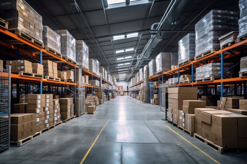 Large Warehouse Interior Filled with Stacked Pallets and Boxes during ...