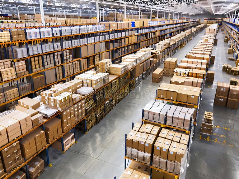 A Large Warehouse with Numerous Items. Rows of Shelves Stock ...