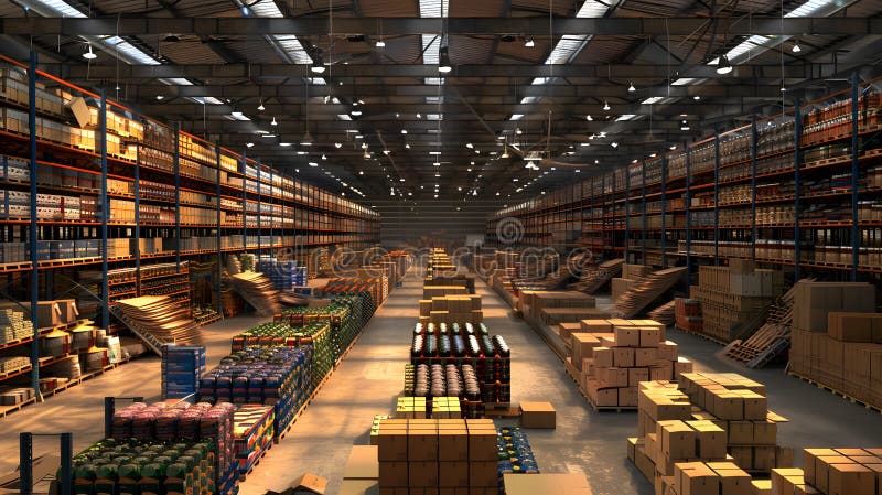 A Large Warehouse with Numerous Items. Rows of Shelves Stock ...