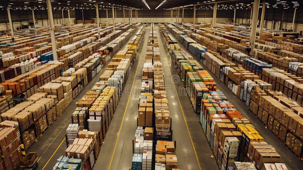 A Large Warehouse with Numerous Items. Rows of Shelves Stock ...