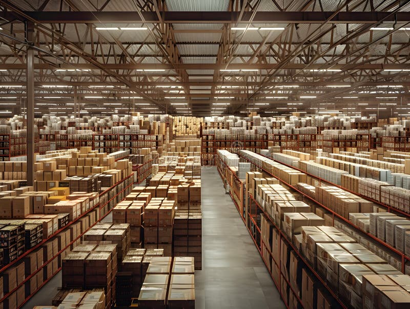 A Large Warehouse with Numerous Items. Rows of Shelves Stock ...